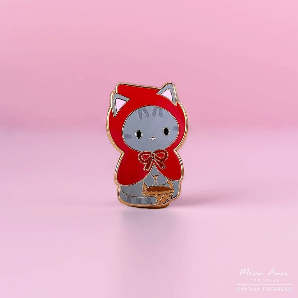 Little Red Riding Hood Grey Tabby Cat Hard Enamel Pin | Kitties & Cream