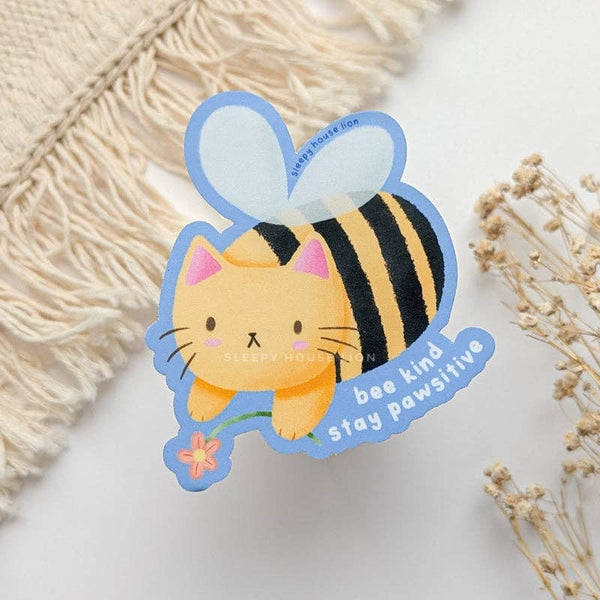 Bee Kind Stay Pawsitive Bumblebee Cat Vinyl Sticker | Kitties & Cream