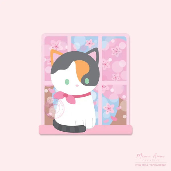 Cherry Blossom Flowers Window Calico Cat Vinyl Sticker | Kitties & Cream