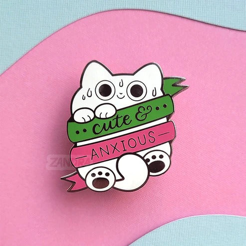 Cute and Anxious White Cat Hard Enamel Pin | Kitties & Cream
